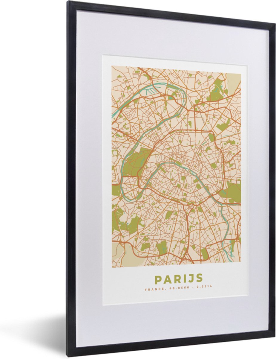 Fotolijst incl. Poster - Kaart - Parijs - Stadskaart - Vintage ...
