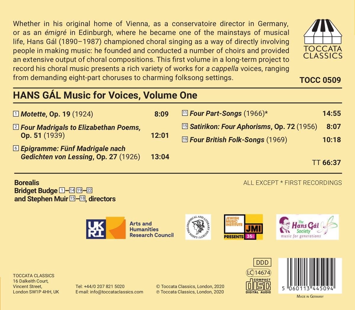 Bridget Budge, Borealis, Stephen Muir - Hans Gál: Music For Voices ...
