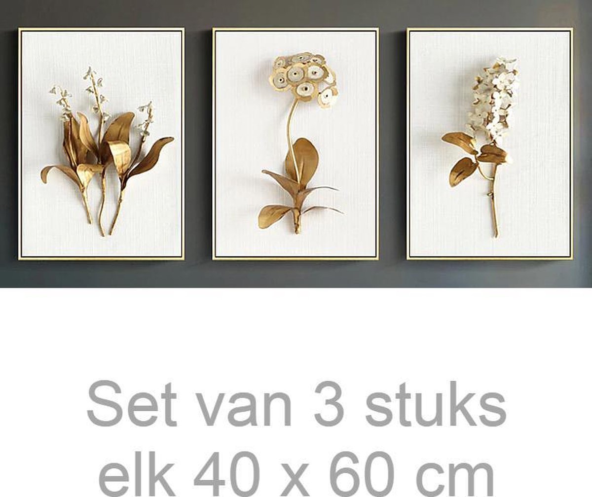 Allernieuwste 3-Delig Canvas Schilderij Gouden Bloemen Set - Natuur - Poster -... | bol