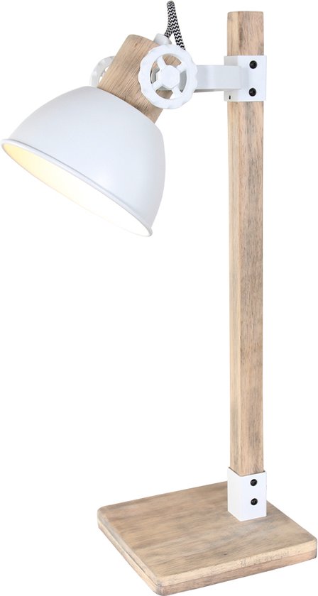 Tafellamp Gearwood | 1 lichts | wit / bruin | hout / metaal | 50 cm ...