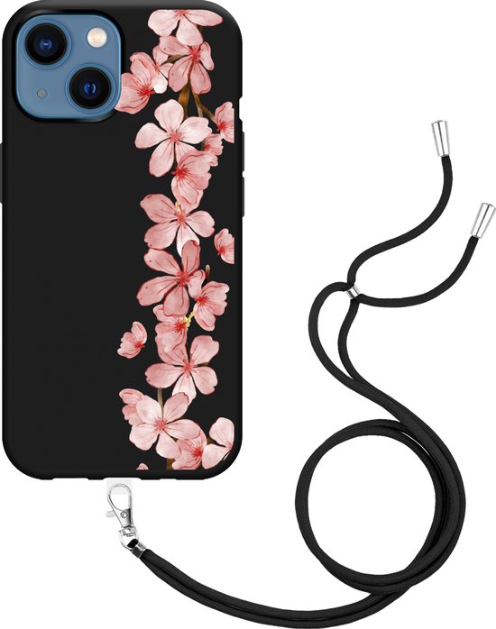 Apple iPhone 13 Mini Hoesje met Koord Zwart Flower Branch - Designed by ...