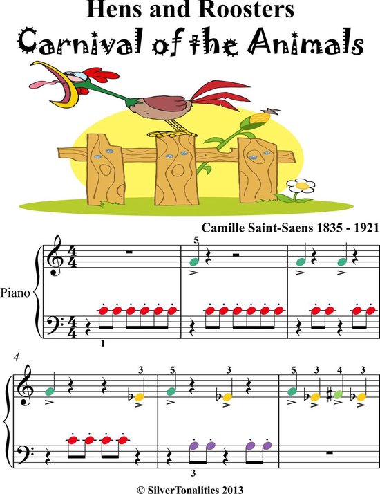 Hens and Roosters Carnival of the Animals Beginner Piano Sheet Music with Colored... | bol.com