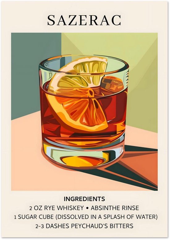 Sazerac cocktail - Ingrediënten poster A4 21x29.7 cm | bol