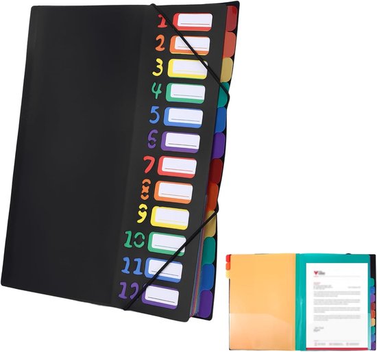A4 Document Folder Black with Index Labels, Fan Folder A4 with 12 ...