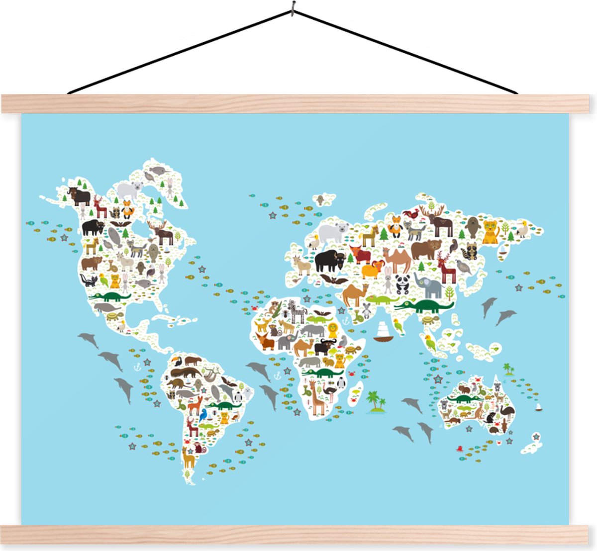 Textielposter - Wereldkaart kinderen - Dieren - Kleuren - 120x90 cm ...