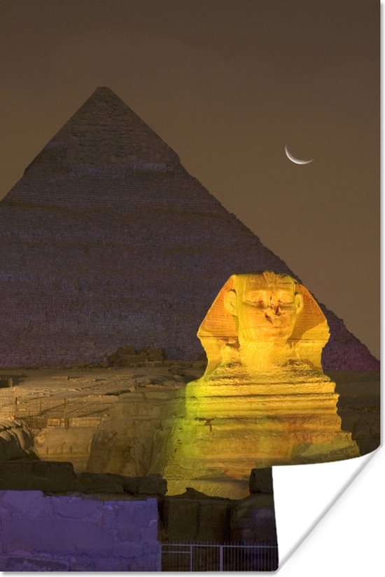 Poster Kleine maan bij de Sfinx van Gizeh in de nacht in Egypte - 20x30 ...