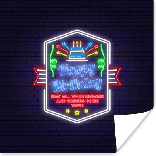 Poster Happy Birthday - Neon - Verjaardag - 100x100 cm XXL | bol