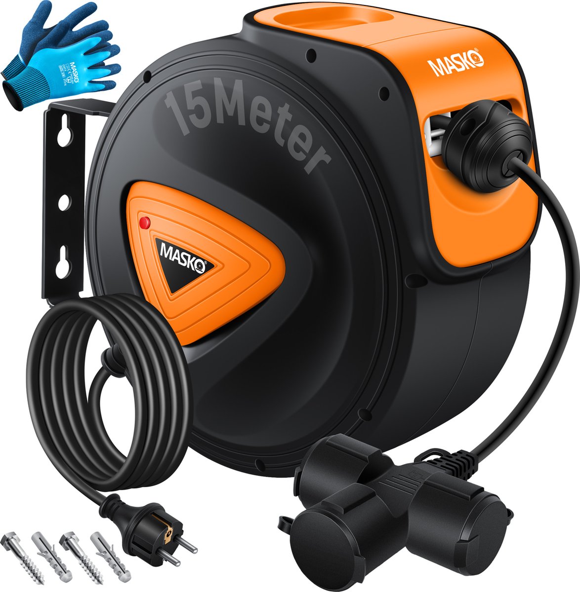 MASKO® Kabelhaspel 15 meter automatisch voor buiten met 3 stopcontacten ...