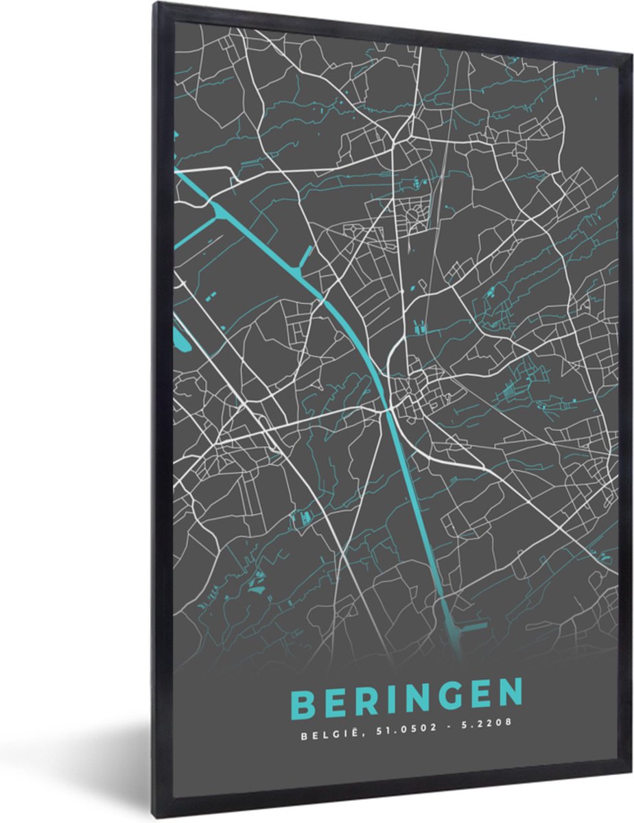 Fotolijst incl. Poster - Stadskaart – Grijs - Kaart – Beringen – België ...