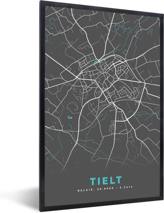 Fotolijst incl. Poster - België – Tielt – Stadskaart – Kaart – Blauw ...