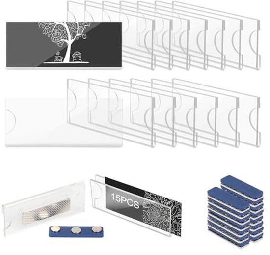 Set van 15 magnetische naambadges - Transparante kunststof, 75 x 32 mm ...