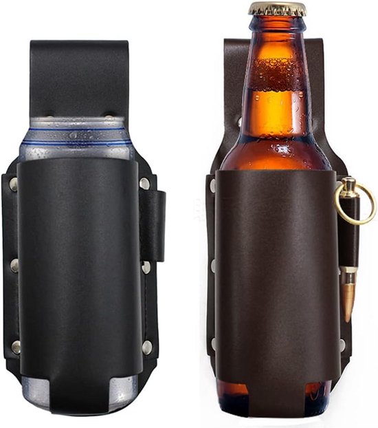2x Lederen Bier Bierhouder voor Riem - Holster voor Flessen en Blikjes ...