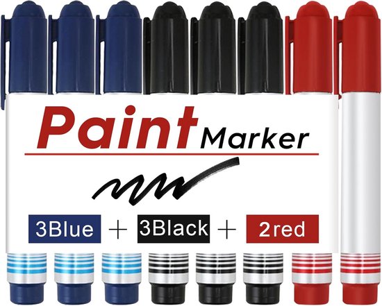 8-delige Permanente Marker set Acrylverf Stiften Zwart Blauw Rood ...