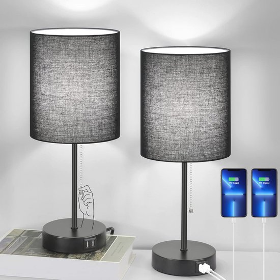Set van 2 moderne tafellampen met USB-oplaadpoorten en stopcontact | bol