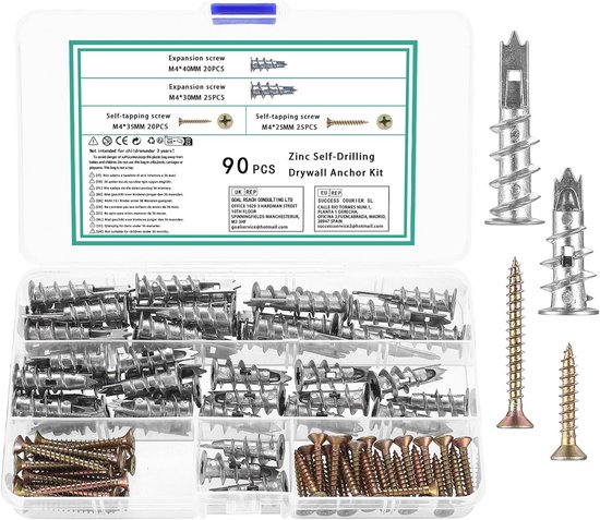90 Stuks M4 Zelfborende Gipsplaatbevestigingen - Metalen Pluggen en ...