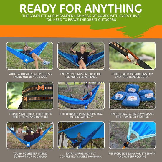 Premium hangmat met regenvlieg, insectennet en boombanden - compleet ...