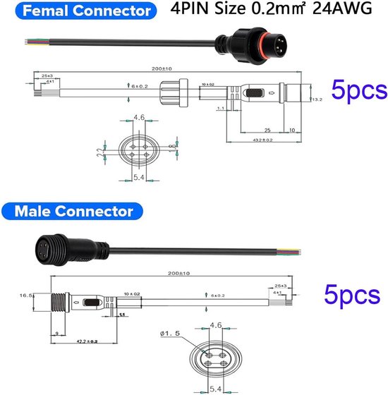 5 Sets Waterdichte 4-Polige Elektrische Connectoren IP67 met Kabel voor ...