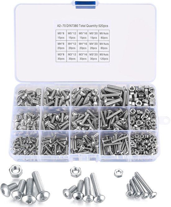 Set van 520 Platte Hoofd Schroeven met Moeren - M3/M4/M5 RVS Schroeven ...