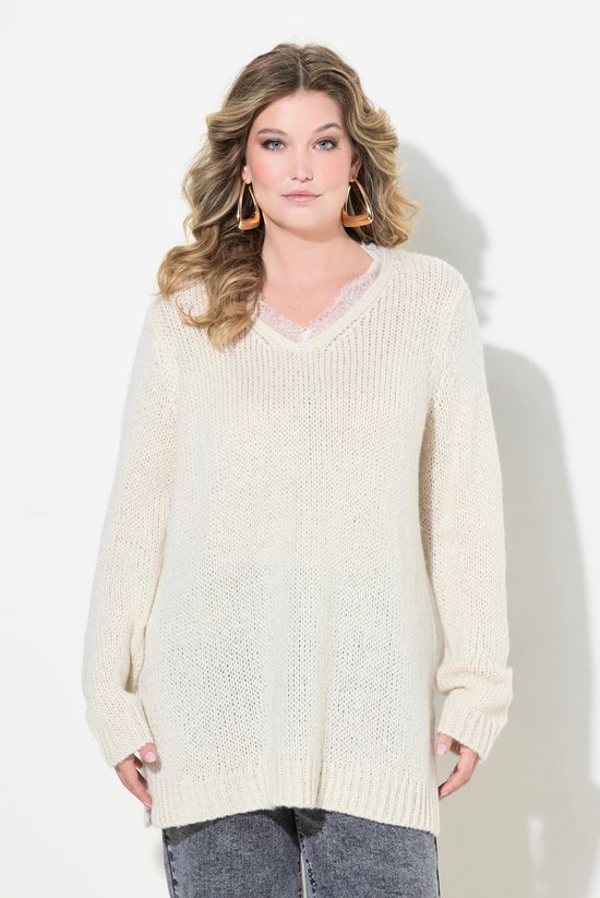 MIAMODA - Dames - Trui classic fit grof breisel hals met kant - Off ...