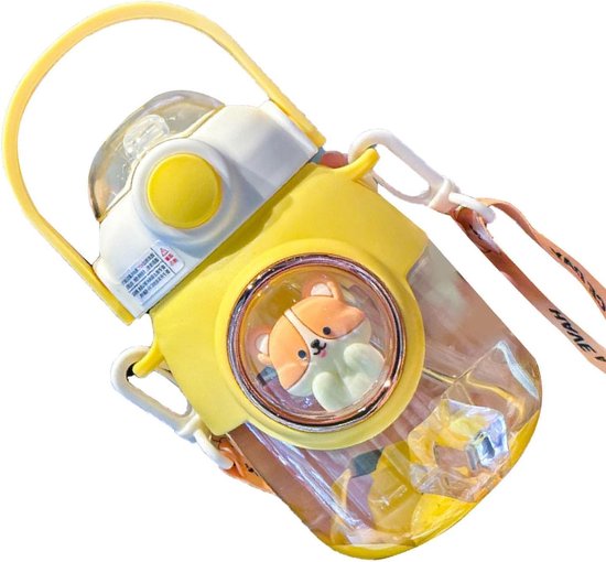 MK Stoer - Cartoon waterfles met rietje, 820 ml - Geel - Schoolreizen ...