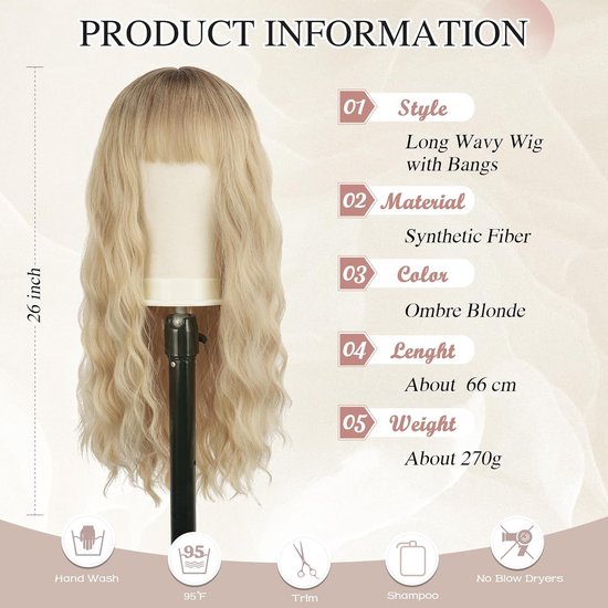 Lange Golvende Blonde Ombre Pruik met Pony - Natuurlijk Krullend ...