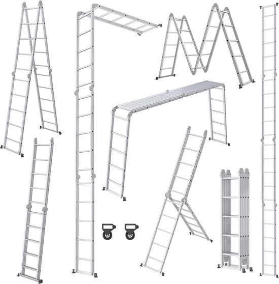6-in-1 Aluminium Vouwladder met Platform en Wielen | bol