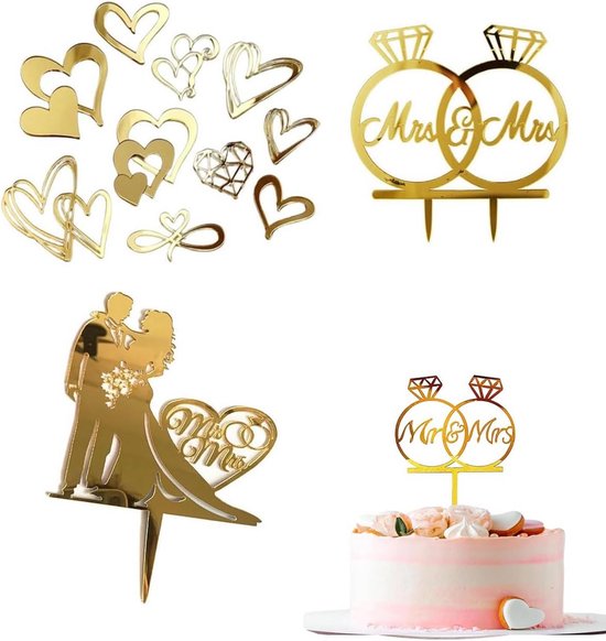 10x Gouden Hart Taarttopper Acryl - Decoratie voor Bruiloft, Jubileum ...