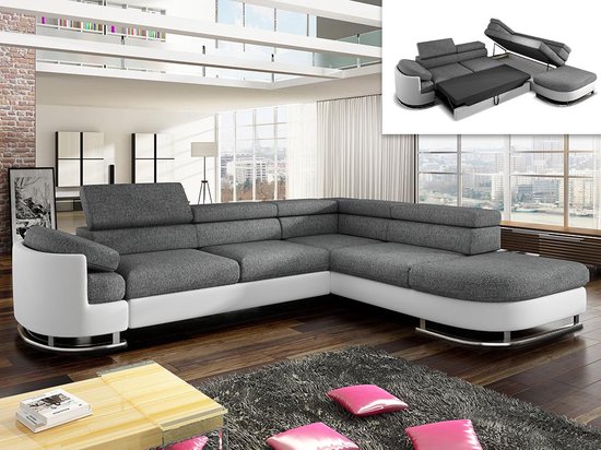 Canapé d'angle convertible en tissu et simili cuir MYSEN - Wit et gris ...