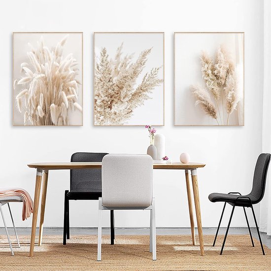 Set van 3 posters, wandfoto's, boho, pampasgras, beige posterset, afbeeldingen voor... | bol