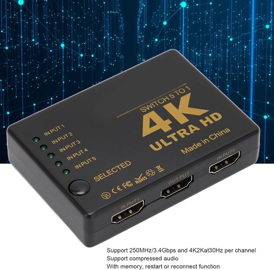 5 Poort 4K X 2K 30Hz HD HDMI Switch Splitter - Video Converter met ...