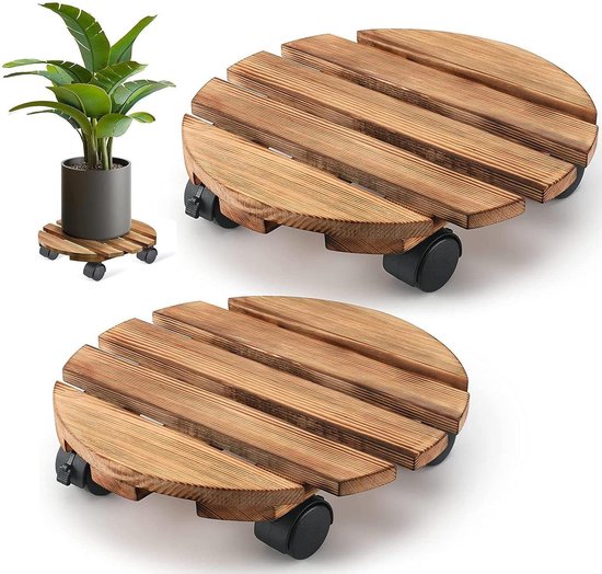 Lockable Wooden Rolling Planter Base Stand - Round Flower Pot for ...