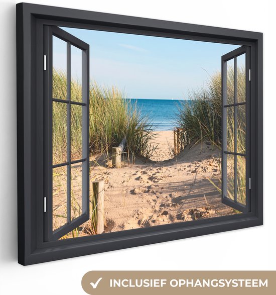 Canvas schilderij 40x30 cm - Wanddecoratie Doorkijk - Strand - Zee - Zand - Water -... | bol