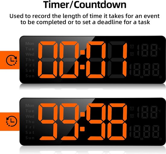 Digitale wandklok, USB-wandklok met 13 inch groot display, led-digitale ...