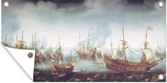 Wanddecoratie buiten De zeeslag bij Gibraltar - Schilderij van Cornelis ...