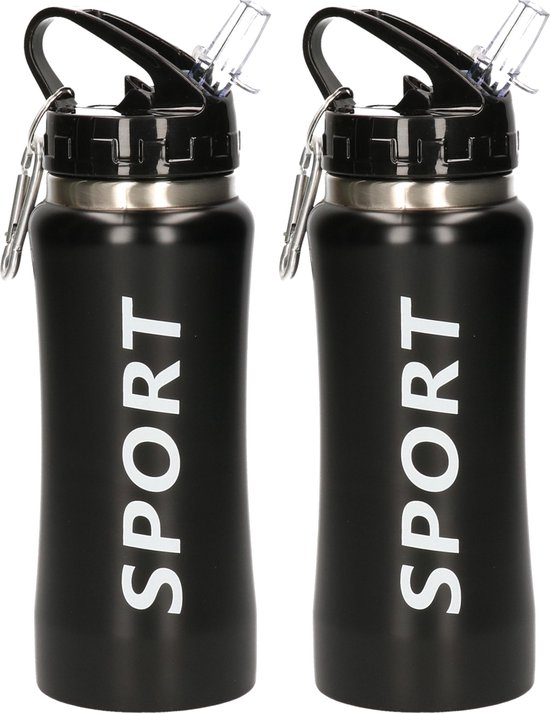 2x stuks sport Bidon drinkfles/waterfles Sport print zwart aluminium ...