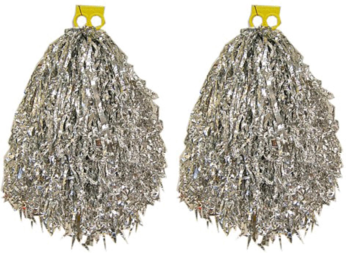 2x Stuks cheerball/pompom zilver met ringgreep 33 cm - Cheerleader ...
