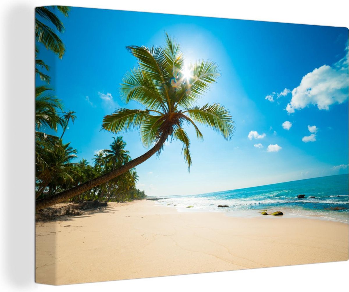 Canvas Schilderij Strand - Zee - Zon - Palmboom - 140x90 cm - Wanddecoratie | bol.com