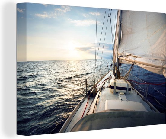 Canvas Schilderij Zee - Zeilboot - Zon - 60x40 cm - Wanddecoratie | bol.com