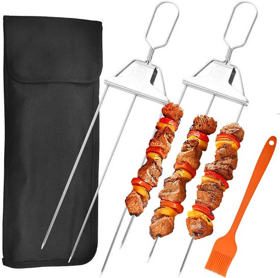BBQ Metalen Spiesenset - 2 RVS Spiesen met Duwschuifjes - 3-puntige ...
