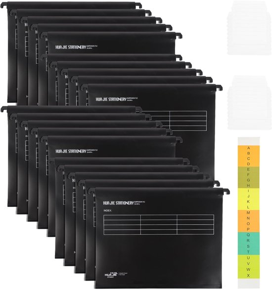 Pack of 20 A4 Hanging Files Black with Tabs and Card Inserts for School ...