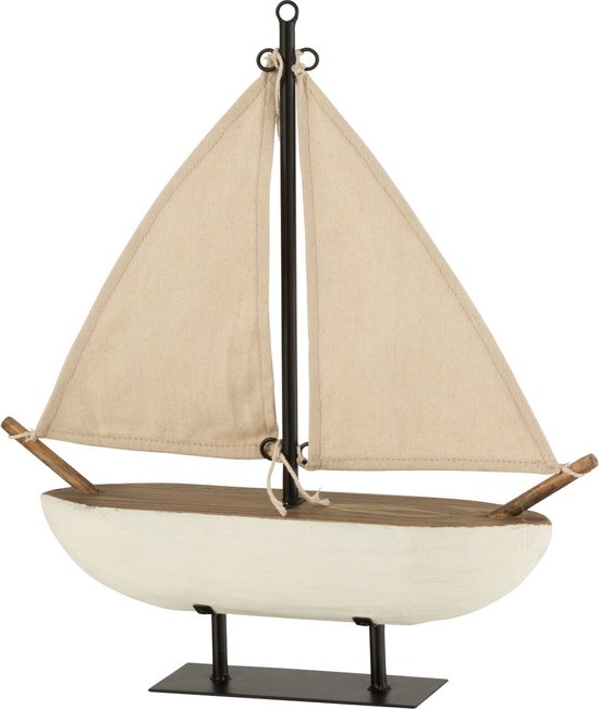 J-line - Zeilboot Hout/jute Wit/bruin Small - 40x9.5x44.5cm | bol