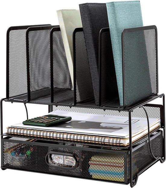 Wire Mesh Desk Organiser with Drawer - Double Storage and 5 Vertical ...