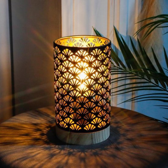 Tafellamp op batterijen - Draadloze LED lamp met houten voet - 22.5 cm ...