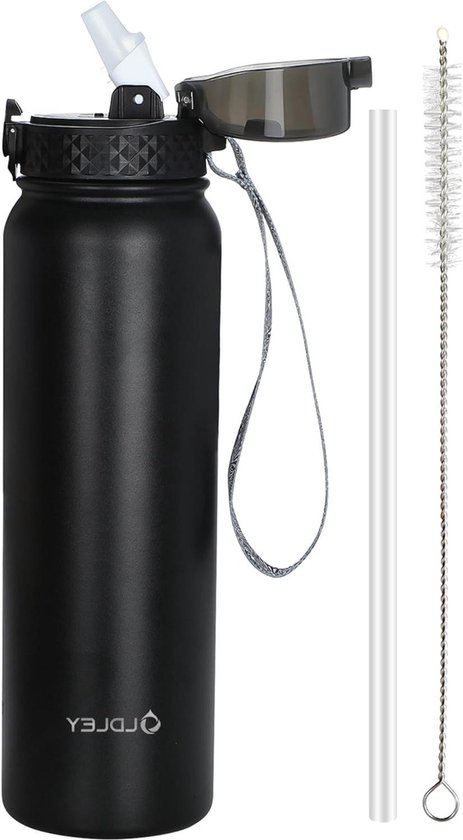 Grote roestvrijstalen waterfles met rietje 1 liter - vacuüm geïsoleerd ...