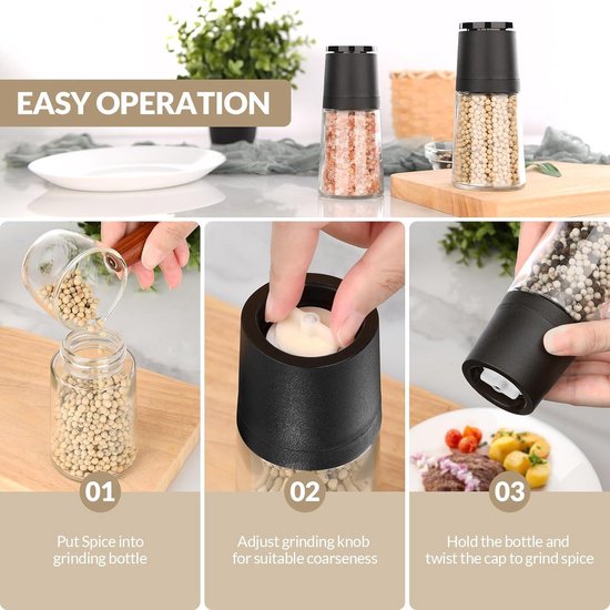 Peper- en Zoutstel - Instelbare keramische molenkruidenmolen van glas ...