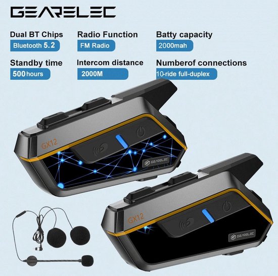 Gearelec GX12 - Motorfiets Intercom - Bluetooth Headsets - 2 tot 10 ...