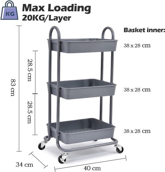 Opbergtrolleywagen, Rolkar met 3 niveaus, Multifunctionele ...