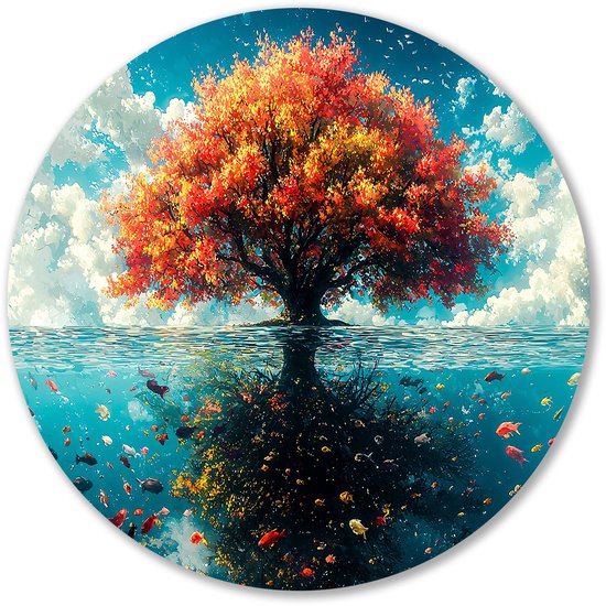 Boom met reflectie en vissen - Natuur wandcirkel - Wandschalen boom ...
