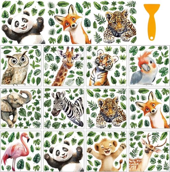 Jungle Dier Raamstickers - 12 Vellen 14x14 cm - Aquarel Tijger, Olifant ...