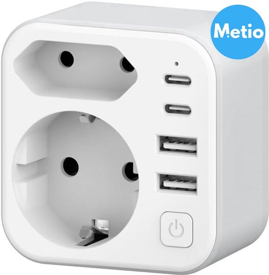 Metio - 6-in-1 Dubbele Stopcontact Adapter met USB A & USB C - 2 ...